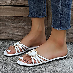 Comfy Flip Flops for Women Slippers Ladies Summer Bohemian Style Solid Color Leather Heart Diamond Open Toe Flat Fashion Slippers (White, 9)