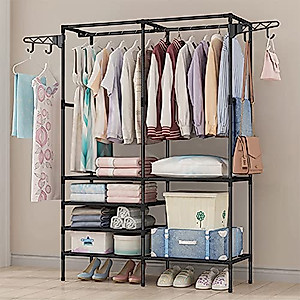 MOAMUN Metal Garment Rack Clothing Hanging Rack Free Standing Clothing Hanger with Top Rod,Lower Storage Shelves for Home Bedroom Laundry (Black)