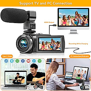 WZX Video Camera Camcorder, Full HD 30FPS 36MP 16X Digital Zoom Digital Camera,IR Night Vision Vlogging Camera, YouTube Camera with External Microphone, Lens Hood, Stabilizer, Remote Control