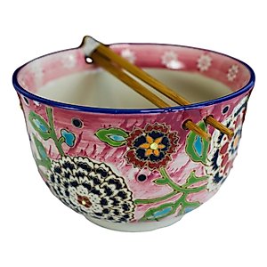 Ebros Mandala Floral Blooms With Pink Polkadot Art Splash Ramen Udon Noodles Large 6.25" Diameter Soup Bowl With Built In Rest and Bamboo Chopsticks Set for Rice Pasta Salad