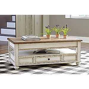 Signature Design by Ashley Realyn Vintage Farmhouse Rectangular Lift Top Coffee Table with Storage Drawer, White & Brown