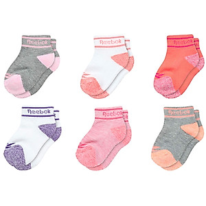 Reebok Girl's 6 Pack, 12 Pack Comfort Cushion Quarter Cut Socks (Infant/Toddler), Size 12-24 Months, Black (12 Pack)