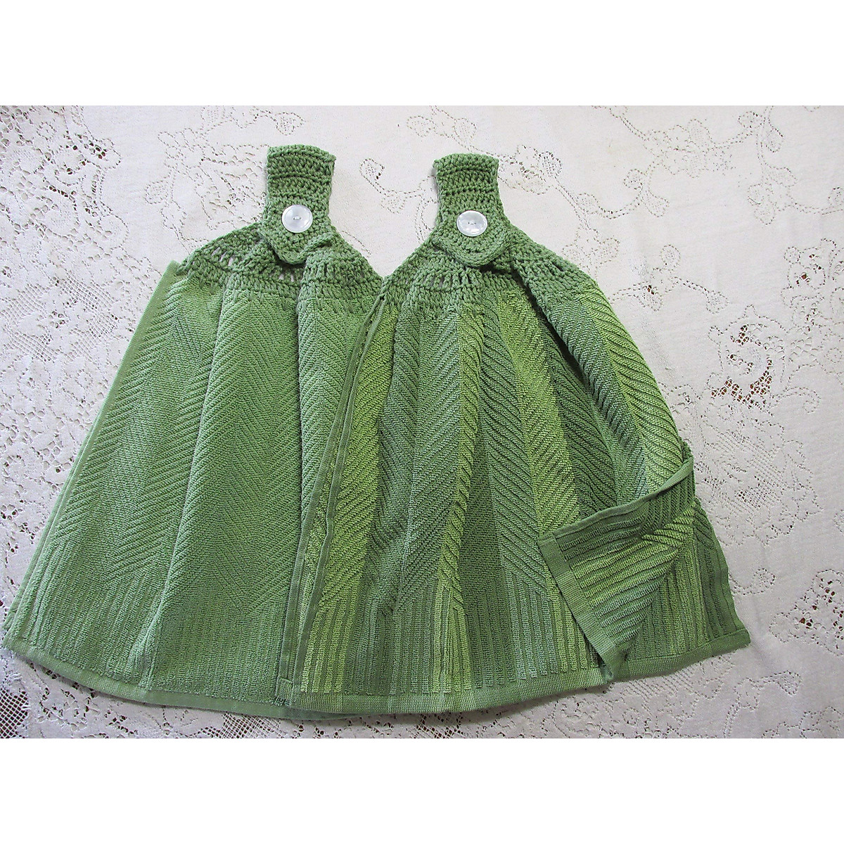 Set of 2 Green Doubled Chevron Design Hanging Kitchen Towels with Green Cotton Crochet Top - Best Quality