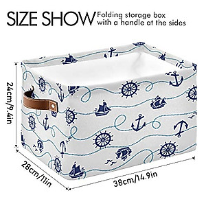 Anchor Rudder Sailboat Nautical Storage Basket Large Foldable Storage Organizer Cubes Bins with Leather Handles Sturdy Collapsible Boxes for Shelf Cloth Toy Closet-1 Pack