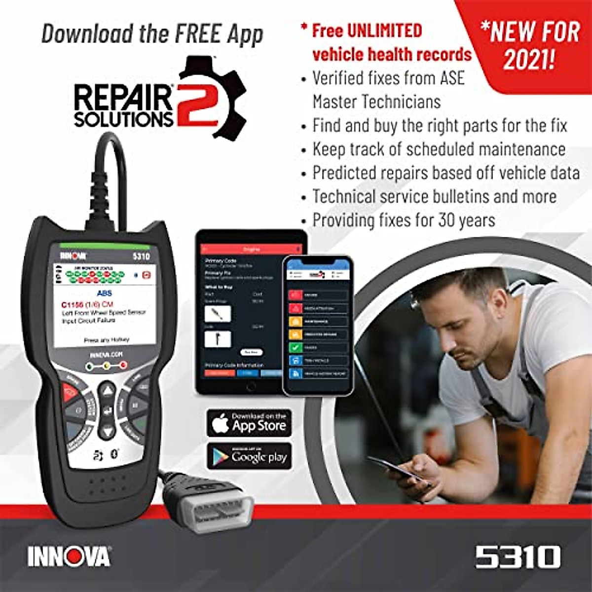 INNOVA 5310 - OBD2 Scanner Diagnostic Tool - Read/Erase ABS/SRS Codes, Reset Oil Light, Live Data, Battery/Alternator Test