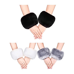 Hicarer 3 Pairs Faux Fur Wrist Cuff Warmers Winter Furry Wrist Warmers for Women Girls