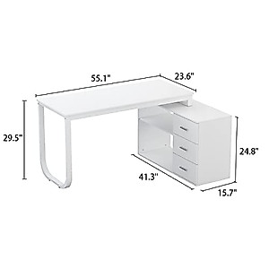 AIEGLE L-Shaped Computer Desk with 3 Drawers & Adjustable Shelves, Corner Study Desk Writing Table, Executive Workstation for Home Office, White (55.1" L x 41.3" W x 29.5" H)