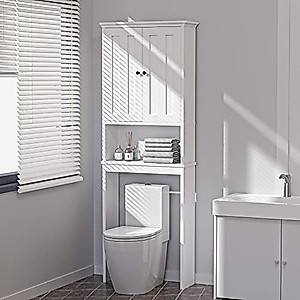 Hcman 67.32" H Over The Toilet Storage Cabinet, Double Door Bathroom Cabinet Organizer Shelf Over Toilet, Toilet Rack with Inner Adjustable Shelf and Open Shelf, White