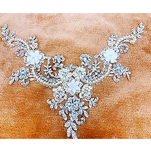 wtbv.n Handmade Crystal Peal Patches Sequins Rhinestones Ivory lace Trim Applique 38 * 28cm for Dress Skirt