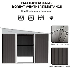 Outsunny 11' x 9' Steel Garden Storage Shed Outdoor Metal Lean to Tool House with Double Sliding Lockable Doors & 2 Air Vents, Grey