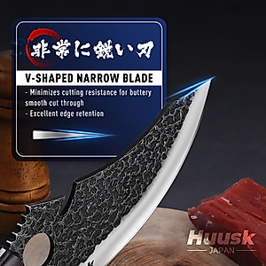 Huusk Japan Knife for Meat Cutting, Caveman Knives for Vegetables Butcher Knife with Full Tang Handle Viking Knife with Opener & Sheath for Kitchen BBQ Camping Outdoor, Christmas Gift
