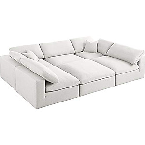 Meridian Furniture Serene Collection Modern | Contemporary Deluxe Comfort Modular Sectional, Soft Linen Textured Fabric, Down Cushions, 2 Corner + 3 Armless + 1 Ottoman, Cream