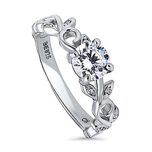BERRICLE Sterling Silver Solitaire Wedding Engagement Rings 0.8 Carat Round Cubic Zirconia CZ Leaf Promise Ring for Women, Rhodium Plated Size 7
