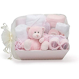 Baby Girl Pink Gift Hamper - with Fleece Wrap, Hooded Towel, Baby Clothes, 2 Muslin Cloths and Cute Teddy Bear