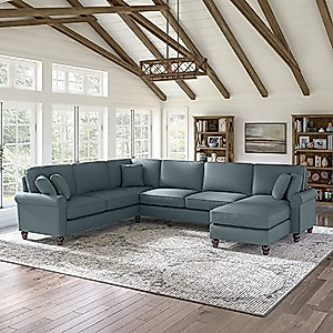 Bush Furniture Hudson U Shaped Sectional Couch with Reversible Chaise Lounge, 128W, Turkish Blue Herringbone