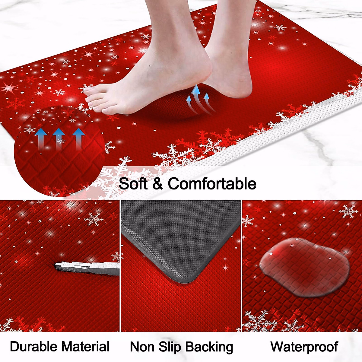 Lnond Anti Fatigue Kitchen Floor Mat, Kitchen Mat Sets 3 Piece with Dish Drying Mat, Non Skid Waterproof Washable Cushioned Floor Mats for kichen Room Home Office Sink (Red Christmas Snowflakes)