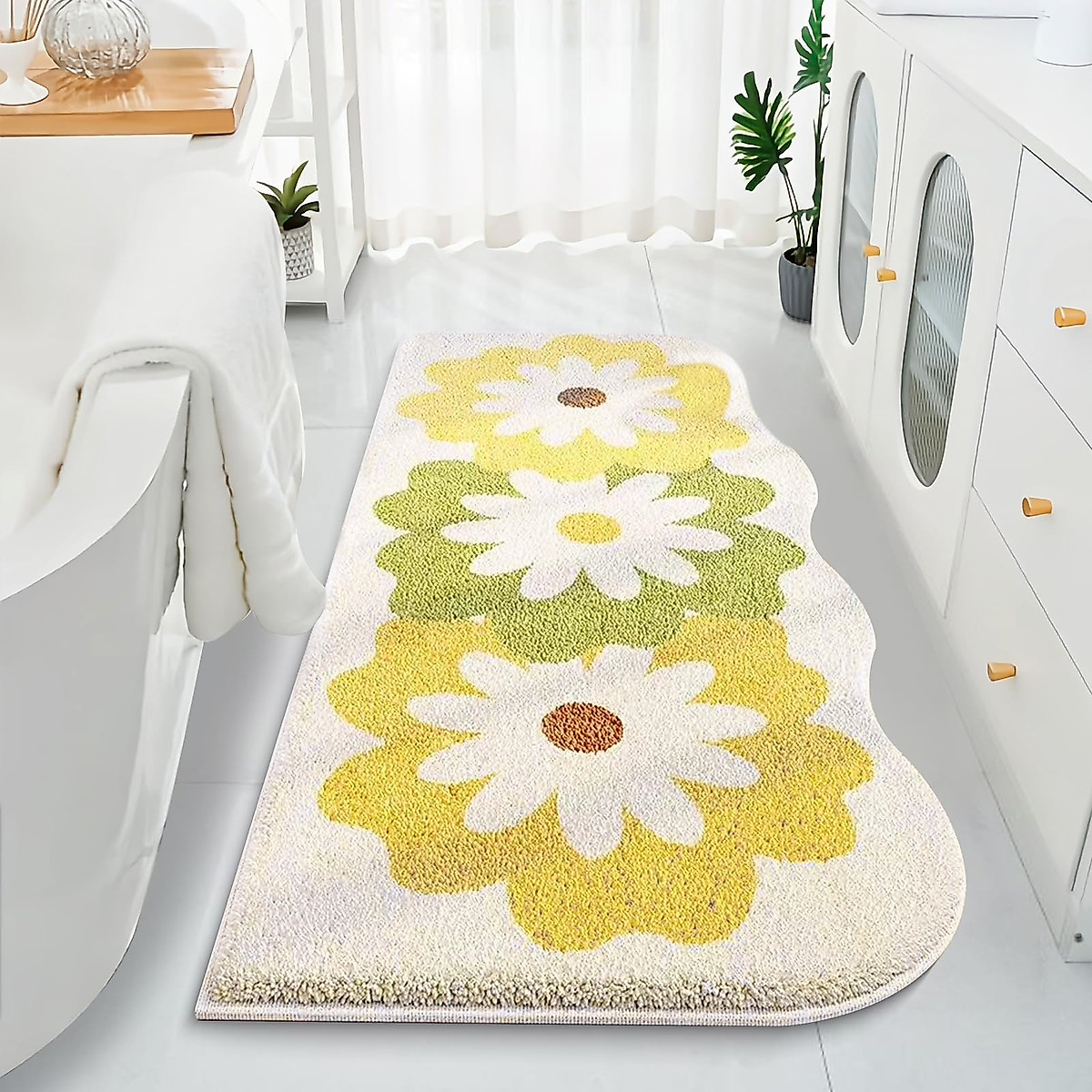 AIMECO Area Rugs for Bedroom, 2X6 Ft Washable Rug Shag Rug for Living Room Bedside Nursery Laundry Girls Room, Three Flowers