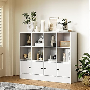 Anystyle White 12 Cube Bookshelf, 3-Tier Bookcase Storage Cabinet with 4 Doors for Bedroom, Living Room