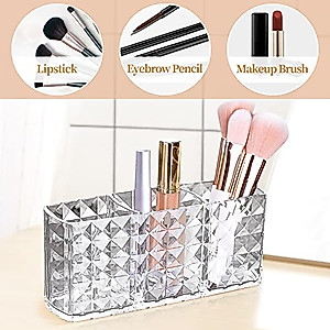 CiCiKiea Acrylic Makeup Brushes Holder Pen Pencil Organizer for Desk, Desktop Storage with Diamond Surface for Cosmetic Eyebrow Pen, Lip Gloss, Brushes, Office,School,Home-Clear