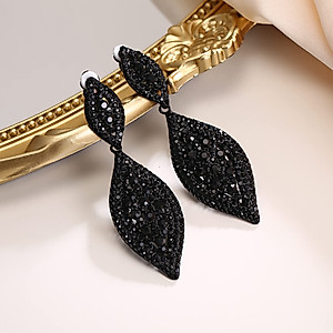 Flyonce Clip On Earrings for Women Rhinestone Crystal Wedding Bridal Clip-on Drop Dangle Earrings Black Black-Tone