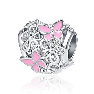 QeenseKc Butterfly Flower Garden Charm Pink Enamel Heart Crystal Openwork Bead fit Pandora Charm Bracelet, Pink