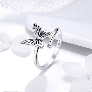 925 Sterling Silver Dainty Butterfly Expandable Open Cuff Rings Statement Ring Engagement Rings Adjustable Animal Promise Band Ring for Women