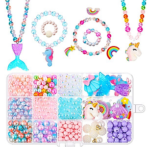 Juexica 540 Pieces Unicorn Mermaid DIY Bead Jewelry Making Kit for Rainbow Shell Necklace Bracelet Craft Art for Unicorn Mermaid Charms for Jewelry Making