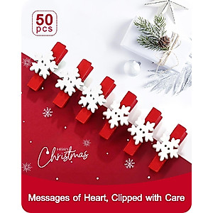 Mini Clothespins Christmas Clothes Pins for Photo Red Clothespins White Snowflake Wooden Clips Small Close Pins for Picture Polaroid Craft Display Hanging Wall Card Holder, 50 PCS with 33 FT String