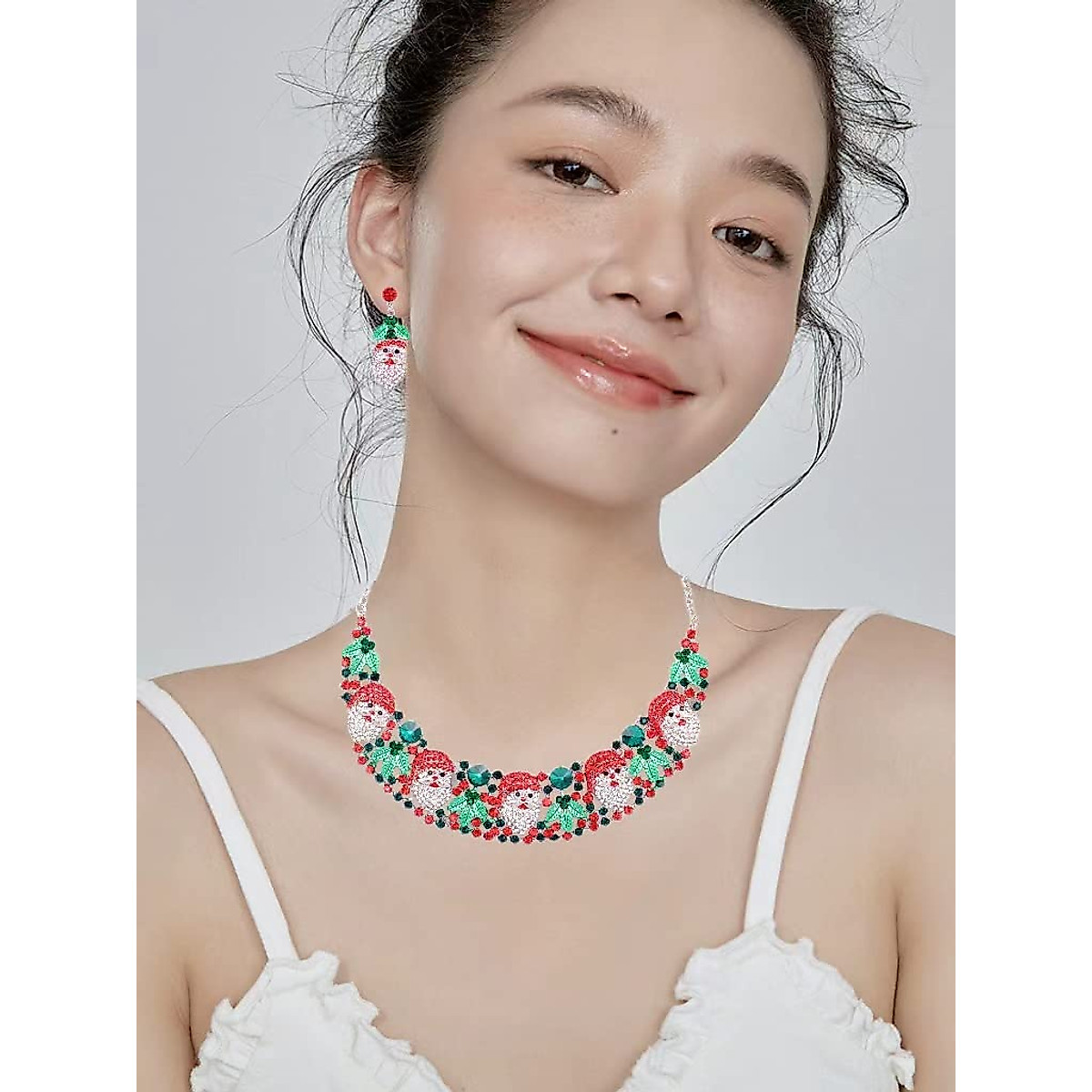 SFE luxury Bib Santa Claus Christmas necklace Christmas Tree Earring Costume Jewelry Set Gifts for Women(Style2-Platinum Plated)