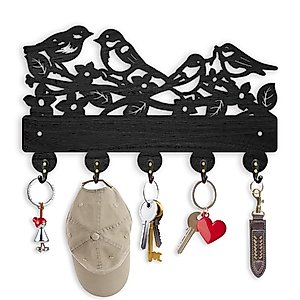 ORIGACH Wooden Bird Key Hangers with 5 Hooks Key Holder for Wall Birds on Flowering Branches Wall Mounted Black Coat Hangers Home Decor for Front Door Kitchen Entryway Bedroom - 11.8x6.7inch