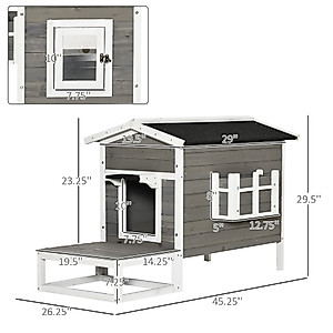 PawHut Wooden Cat House Outdoor with Door, Weatherproof 2-Floor Cat Shelter with Asphalt Roof, Balcony, Dark Gray