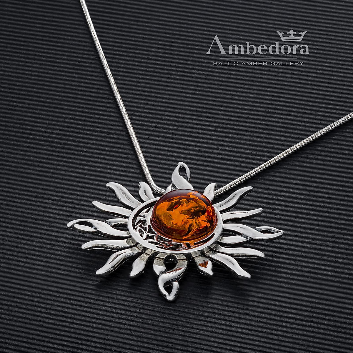 AMBEDORA Women's 925 Silver Oxidised Round Baltic Amber Celtic Sun & Moon Pendant on a Chain with a Snake Chain Gift Set