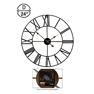 Sorbus Large Decorative Wall Clock 24 Inch, Oversized Centurian Roman Numeral Style Modern Home Decor Ideal for Living Room, Analog Metal Clock, 24" Round (Black)