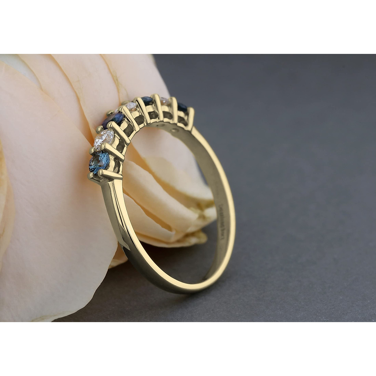 Dazzlingrock Collection 2.5mm Each Round Blue Sapphire & White Diamond 7 Stone Stackable Wedding Band for Women in 14K Yellow Gold, Size 6