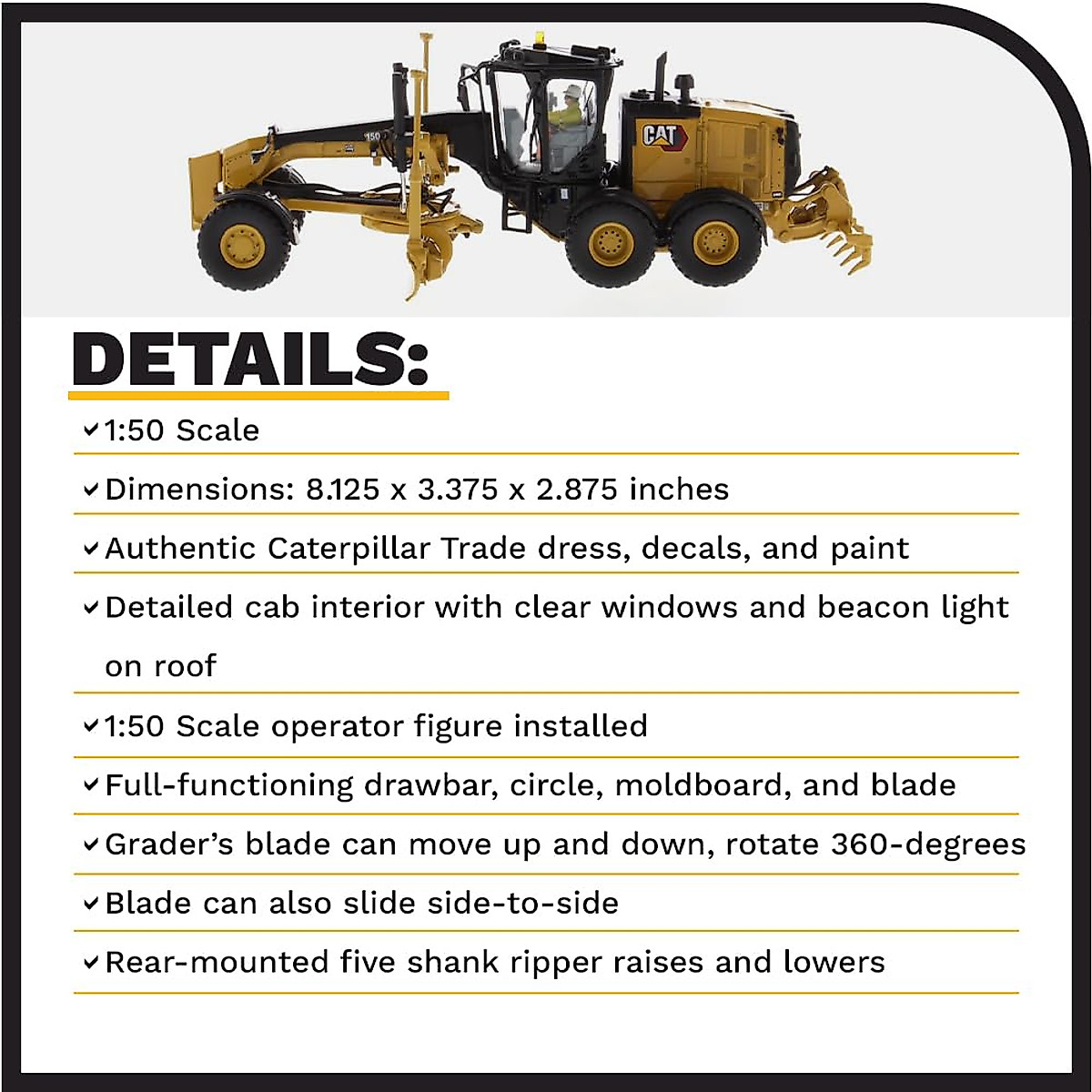 Diecast Masters 1:50 Caterpillar 150 Motor Grader | High Line Series Cat Trucks & Construction Equipment | 1:50 Scale Model Diecast Collectible | Diecast Masters Model 85667
