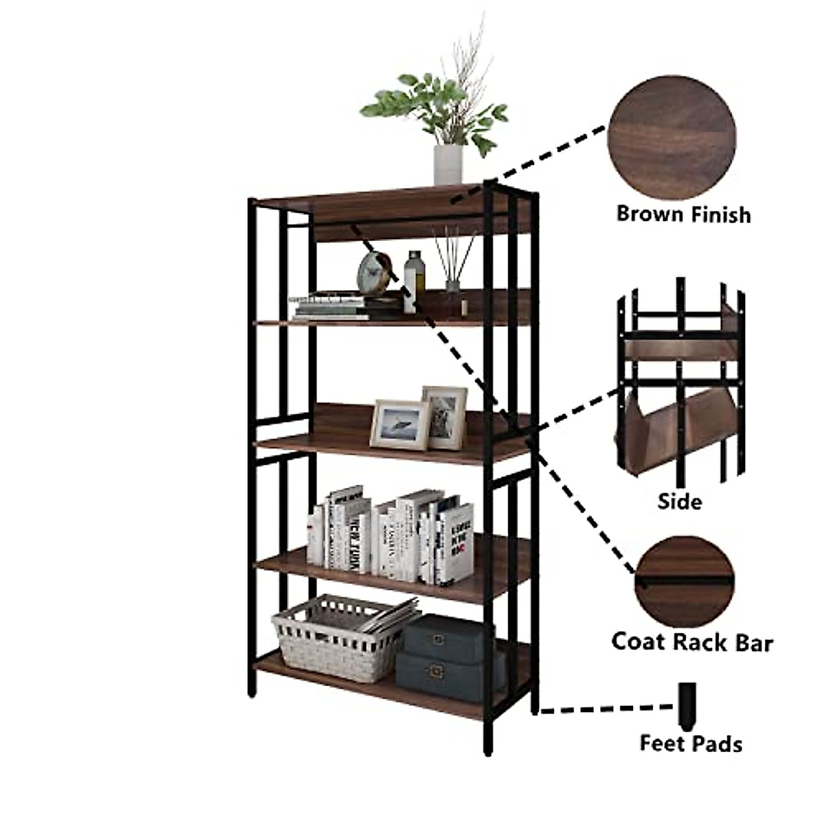 5-Tier Bookcase, Multi-Ways Adjustable Rack Shelf, Open Design Bookshelf for Home Office, Columbia Walnut
