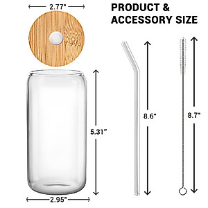 Combler Drinking Glasses with Bamboo Lids and Straws, 16 oz Glass Cups Set of 6, Beer Glass Coffee Cups with Lids and Straw, Iced coffee Cup for Coffee Bar Accessories, Birthday Gifts for Women