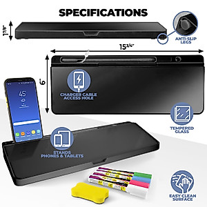 Desktop Dry Erase Board - Glass Erase Board - Black Desk Computer Buddy – Home Office & Studying Essentials - Phone & Tablet Slot, Storage Compartment - Includes 4 Markers, 1 Eraser.