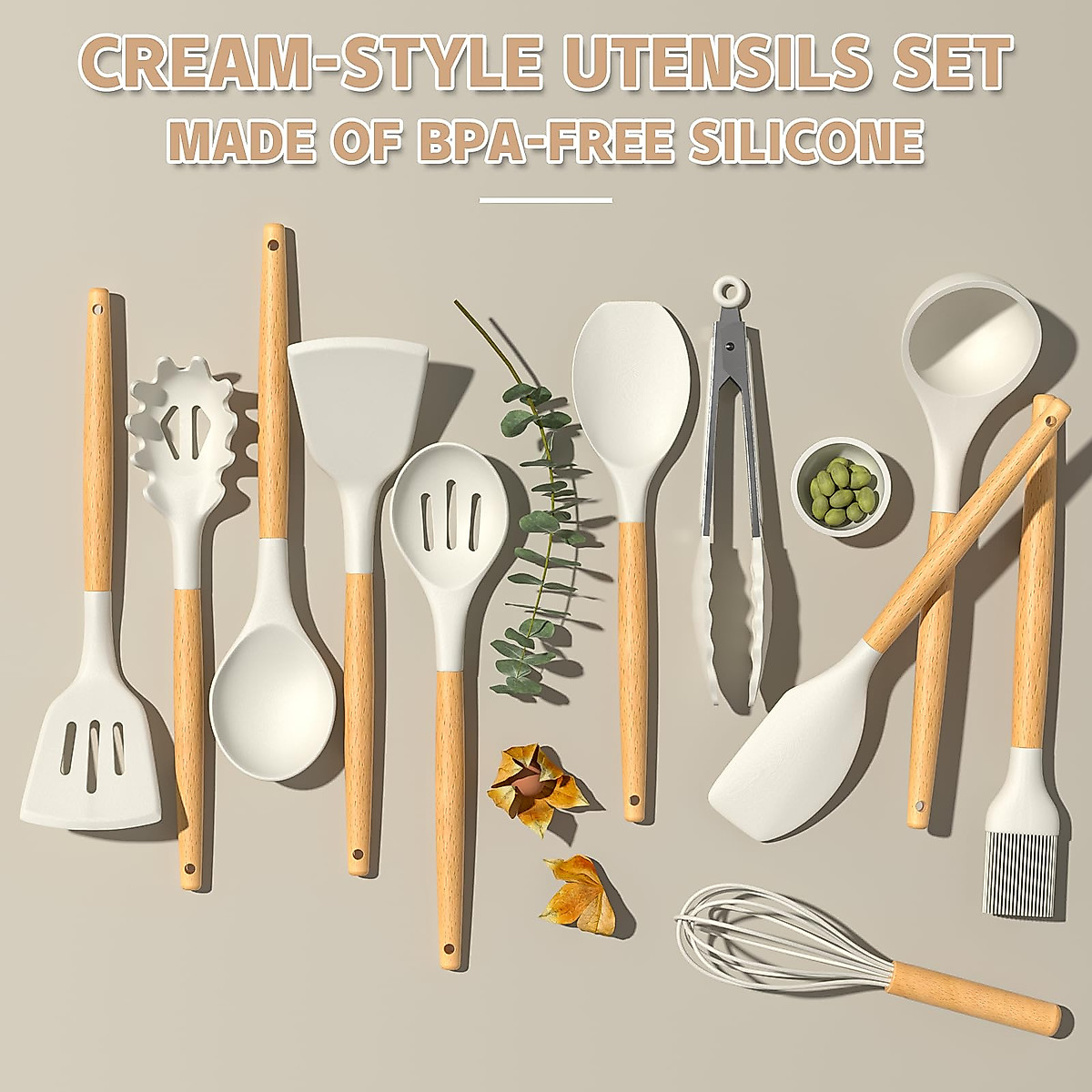 Umite Chef Kitchen Cooking Utensils Set, 33 pcs Non-stick Silicone Cooking Kitchen Utensils Spatula Set with Holder, Wooden Handle Silicone Kitchen Gadgets Utensil Set (Cream White)