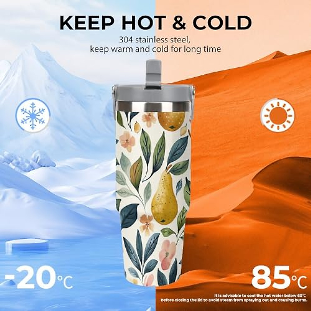 YTLKGFP 30 Oz Large Capacity Car Cup Figs And Pears Tumbler with Handle Straw Lid Insulated Stainless Steel Water Bottle Travel Mug Leak-proof Car Cup Keeps Cold Or Hot