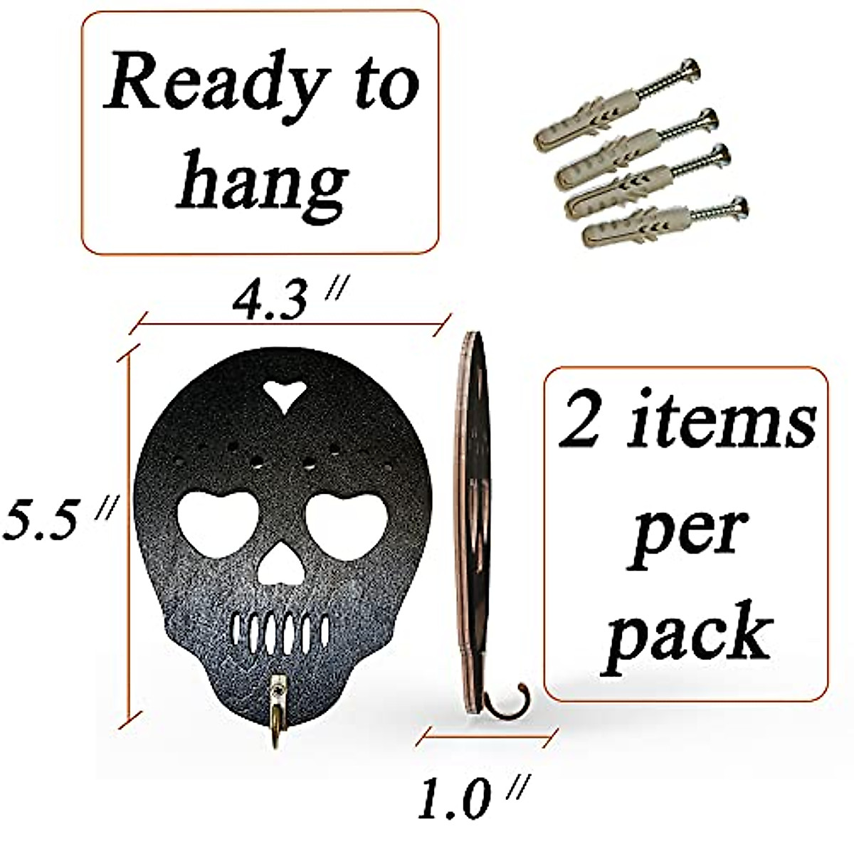 Skull Key Holder - Set of 2 Goth Key Hooks for Wall - Gothic Home Decor for Bedroom Furniture or Kitchen Assessories - Halloween Spooky Gifts for Skull Stuff Lovers