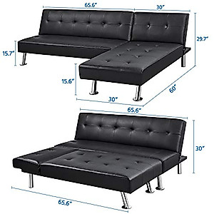 Topeakmart Sectional Sofa Couch Bed Convertible L-Shaped Faux Leather Couch Foldable Futon Sofa Sleeper with Reversible Chaise Lounge for Living Room Black