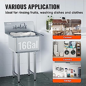 VEVOR Stainless Steel Prep & Utility Sink, 1 Compartment Free Standing Small Sink Include Faucet & legs, 21"x41" Commercial Single Bowl Sinks for Garage, Restaurant, Kitchen, Laundry, NSF Certified