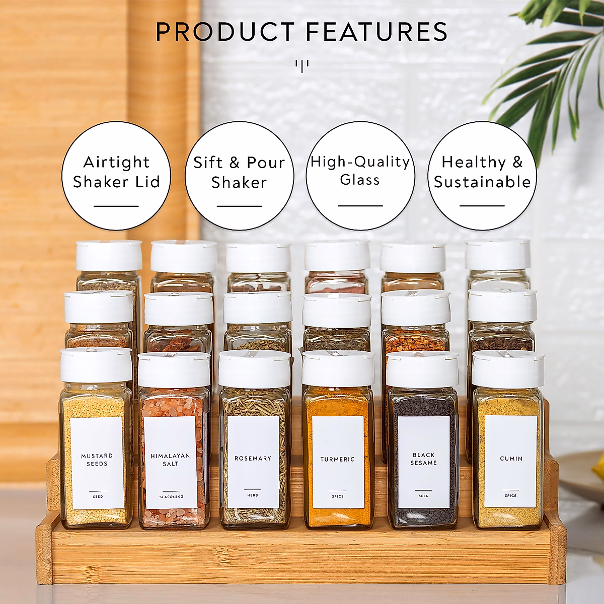 Laramaid 4oz 48Pack Glass Jars with 304 Minimalist White Premium Spice Labels, White Plastic Shaker Lid Dispenser, Black Chalk Marker, Cleaning Brush and Collapsible Silicone Funnel