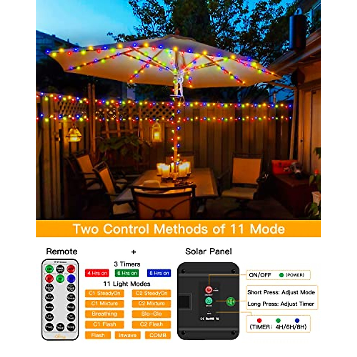 Ollny Solar String Lights Outdoor Waterproof Warm White & Multicolor 2 Pack Each 98Ft 300LED, 11 Modes Super Bright Fairy Lights, Outdoor Christmas Tree Lights for Outside Garden Patio Wedding Party