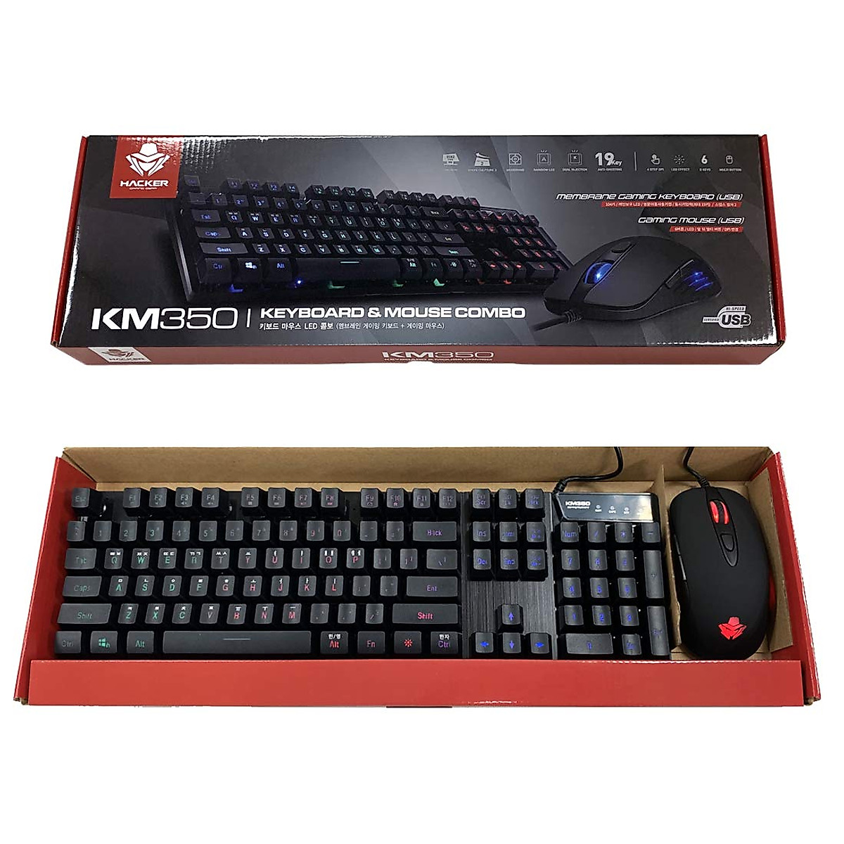 ABKO KM350 Desktop Keyboard & Mouse Gaming Combo Rainbow LED, 19 Key Anti-Ghosting, Max 3200 DPI English/Korean Type