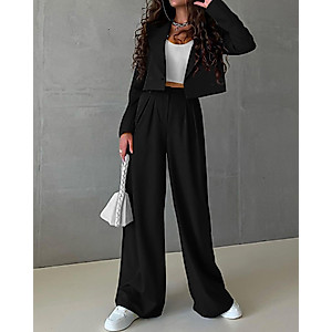 KIRUNDO Blazer Sets Women 2 Piece Outfits Casual Cropped Jackets High Waist Wide Leg Pant Suits Dressy Office Clothes(Black, X-Large)
