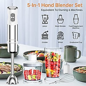 Immersion Blender, 5 in 1 Hand Blender, 12 Speed and Turbo Mode Immersion Blender handheld, Blender Electric Stainless Steel with Milk Frother, 600ml Beaker, 500ml Chopper, Egg Whisk