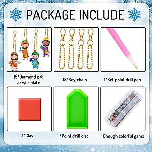 Whaline 15Pcs Christmas 5D Diamond Drawing Keychain Kit DIY Handmade Nativity Angel Diamond Drawing Pendent Rhinestone Mosaic Making Full Drill Diamond Art Ornaments Key Chain for Kids Crafts