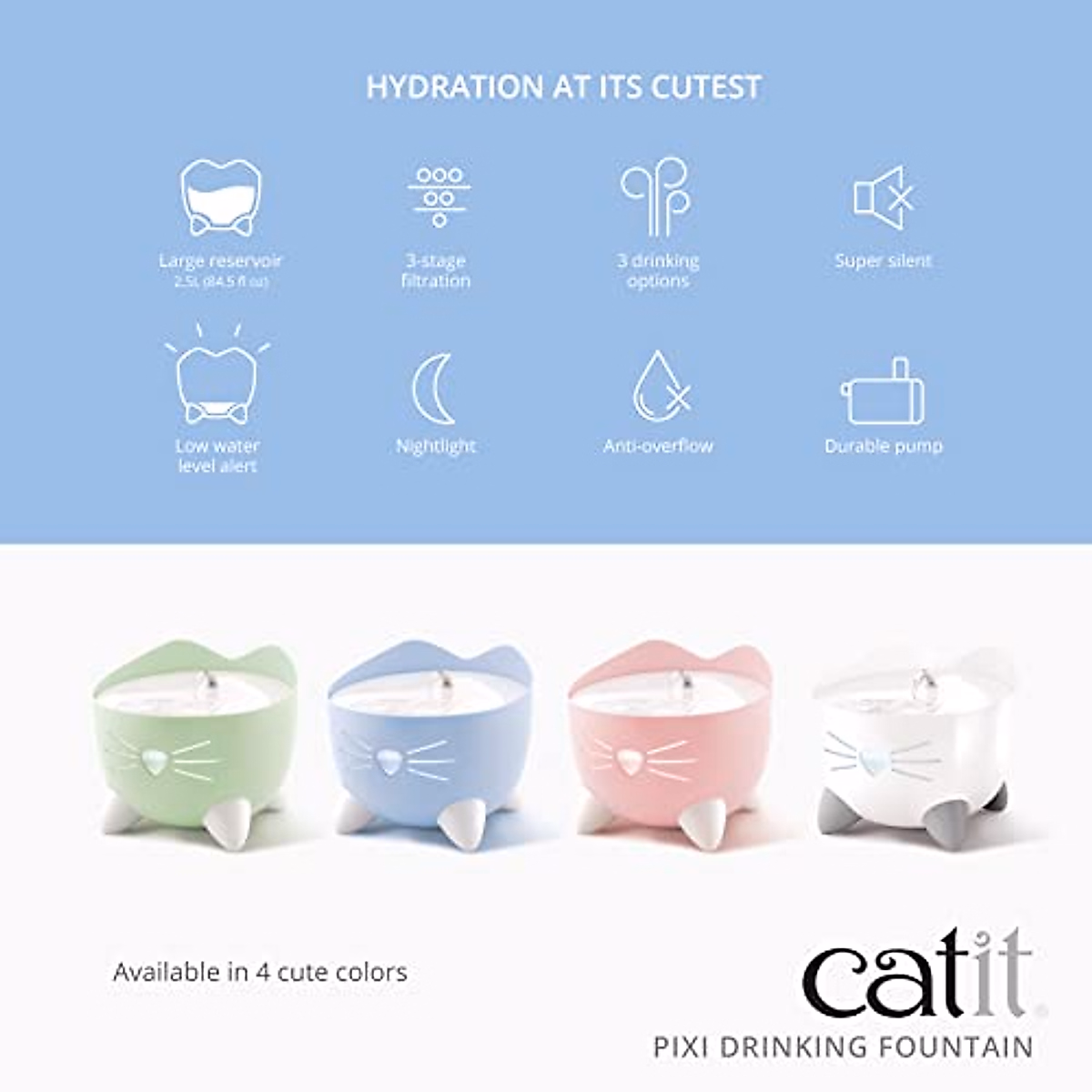 Catit PIXI Drinking Fountain – Cat Water Fountain with Triple Filter and Ergonomic Drinking Options, Pink